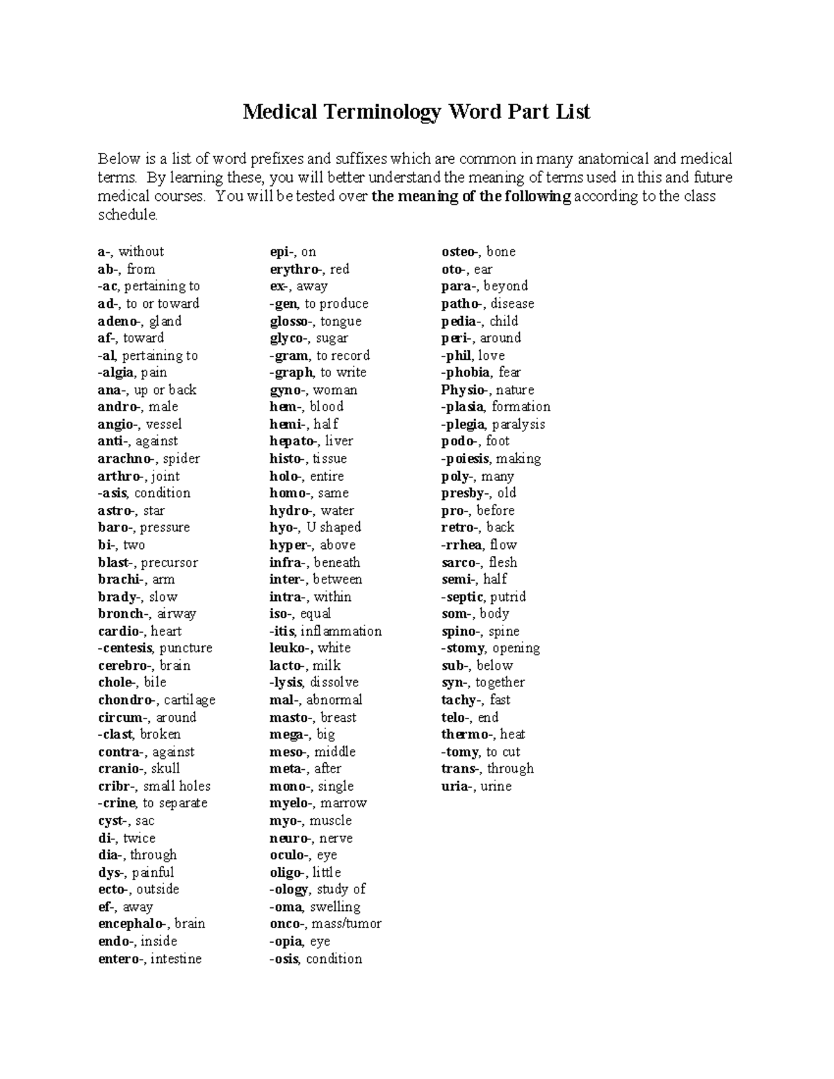 Medical Terminology Prefixes & Suffixes Overview - Studocu