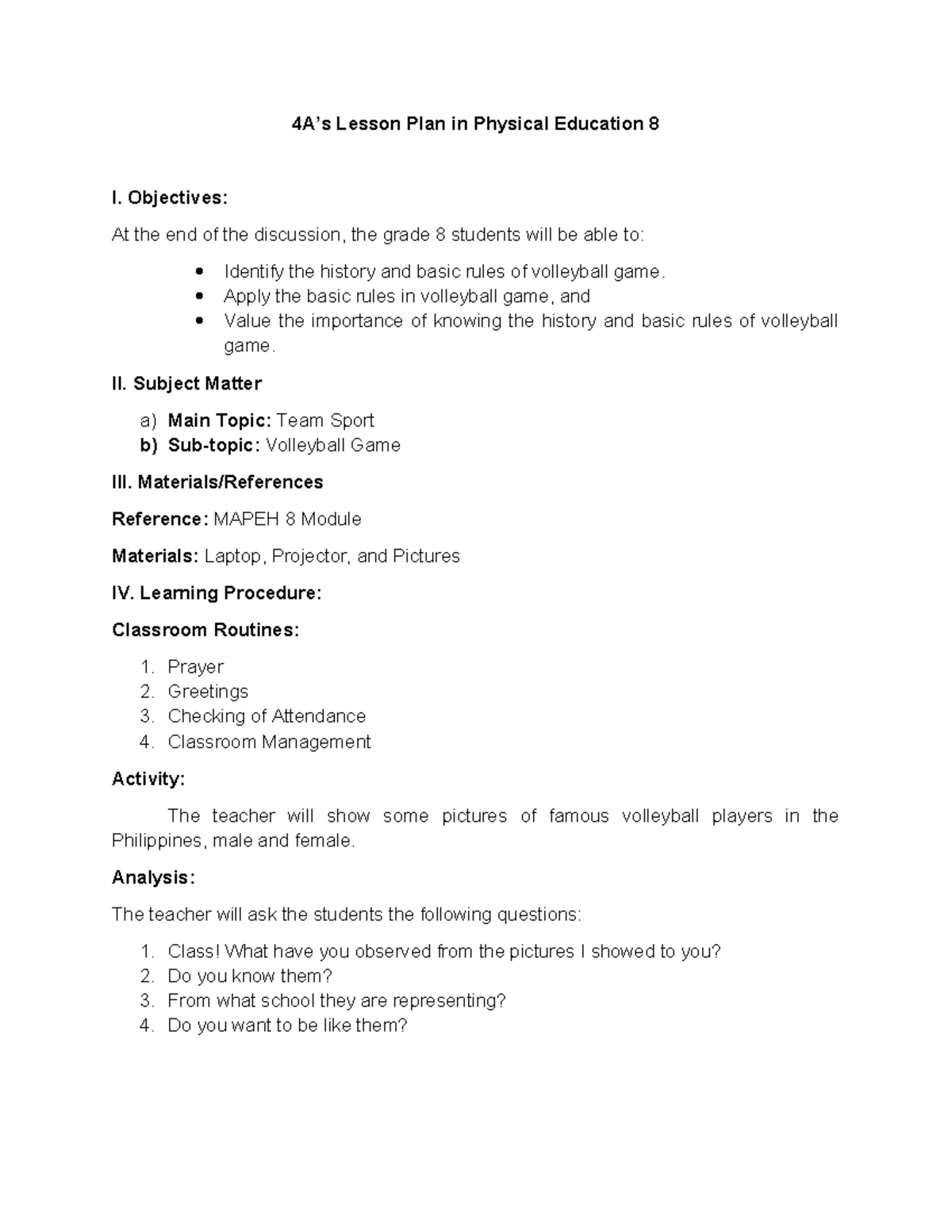 Lesson Plan: Volleyball Basics for PE 8 (MAPEH 8) - Studocu