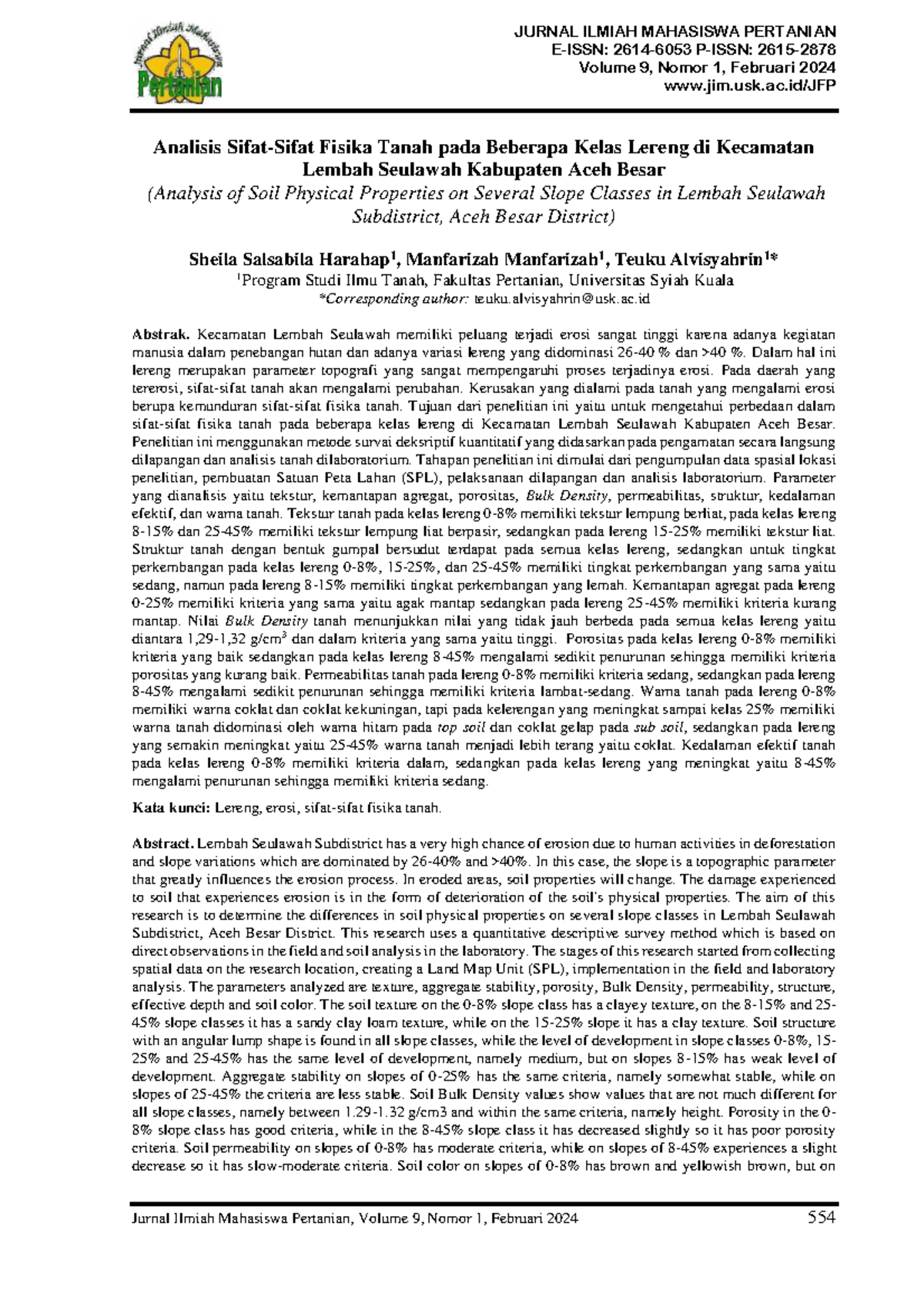 Analisis Fisika Tanah pada Kelas Lereng di Lembah Seulawah (JURNAL ILMIAH - Studocu