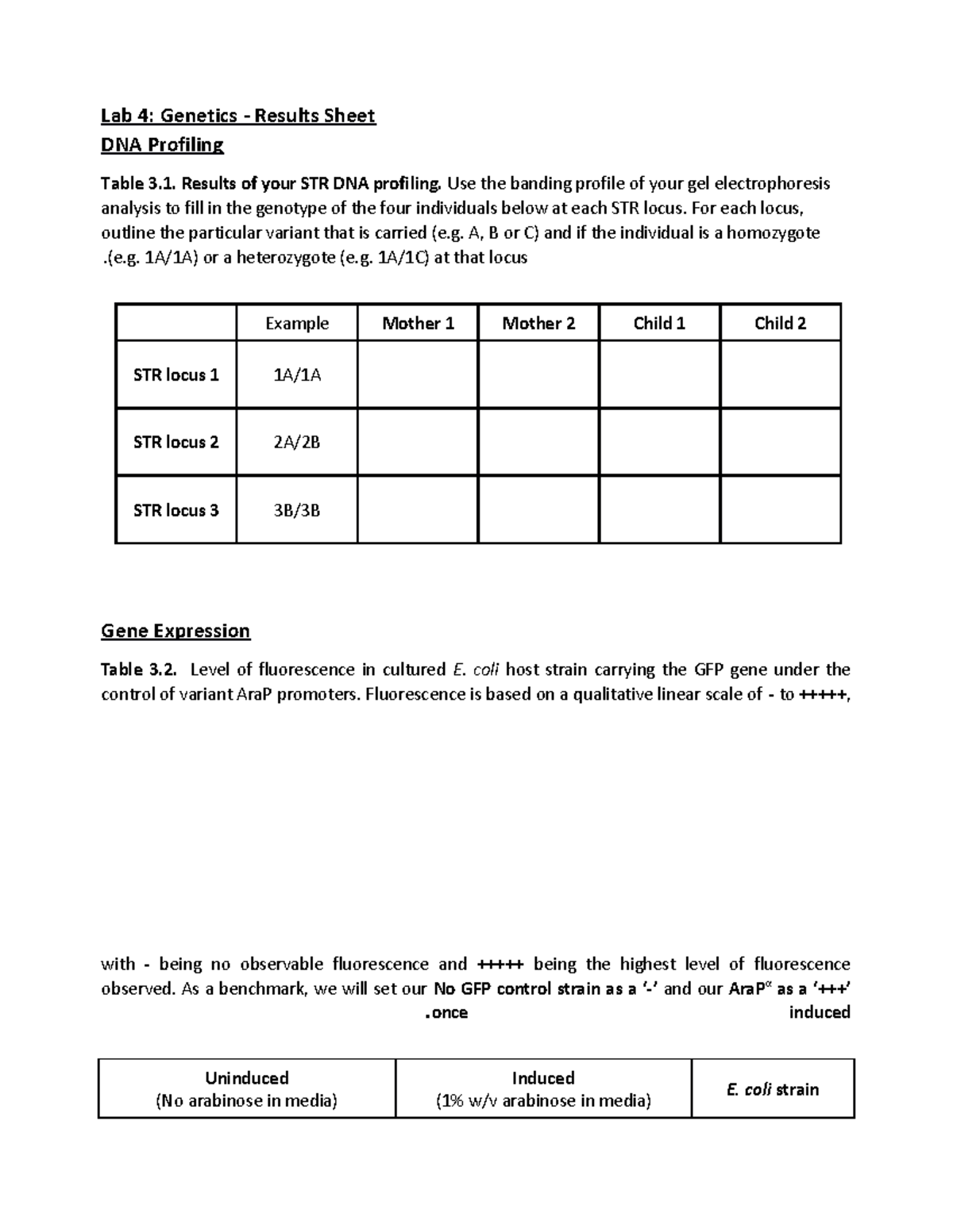 Lab 4 Results Sheet - Lab 4: Genetics - Results Sheet DNA Profiling ...
