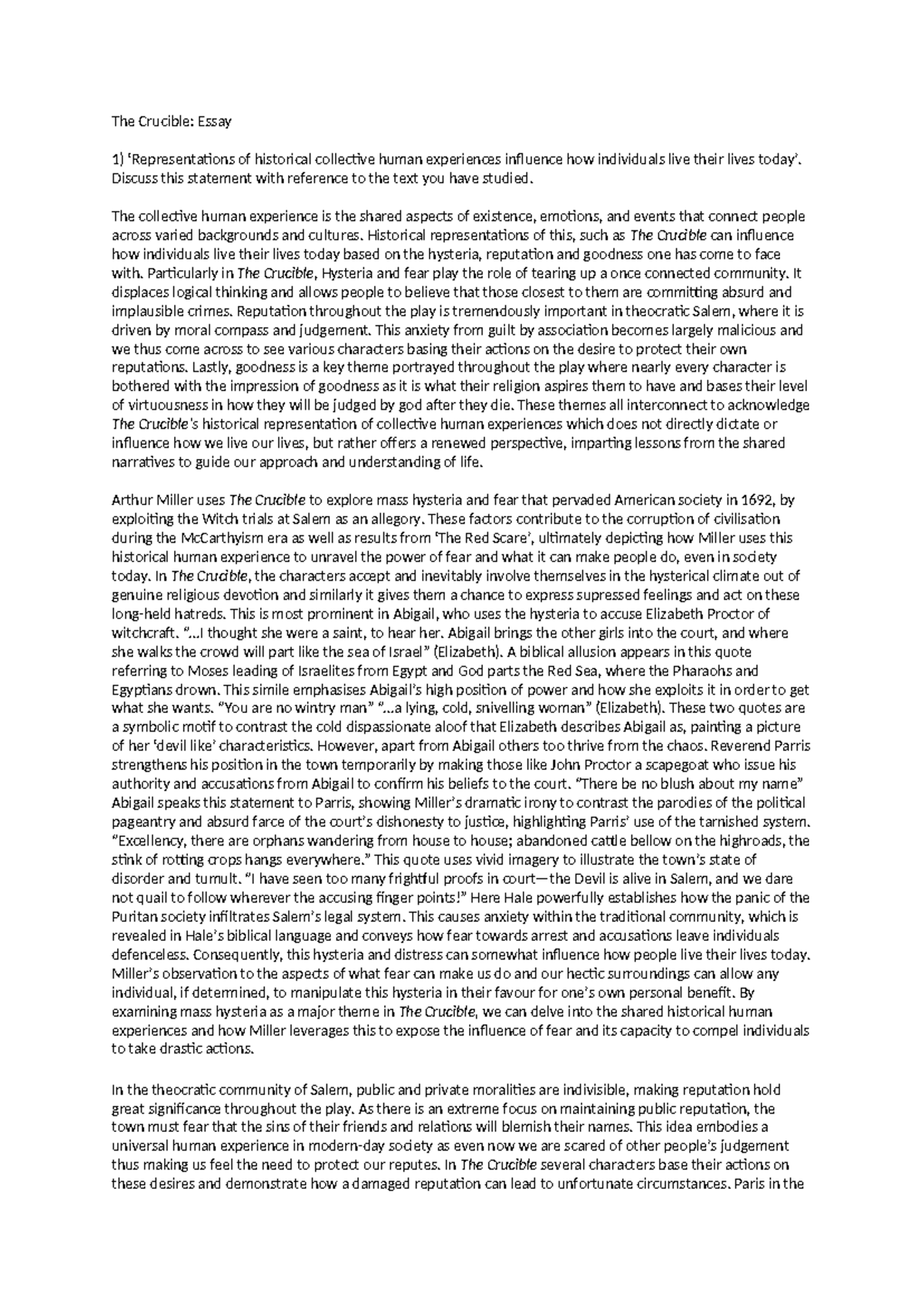 ENG 101: The Crucible Essay – Exploring Human Experiences and Themes ...