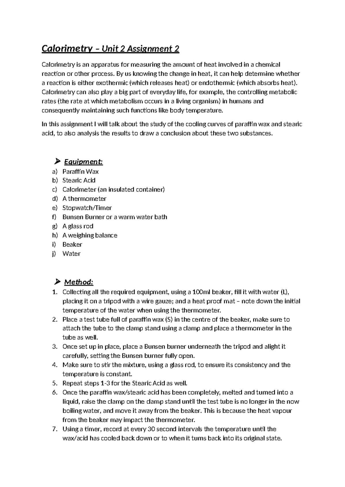 Unit 2: Assignment 2 - Calorimetry Experiment & Analysis - Studocu