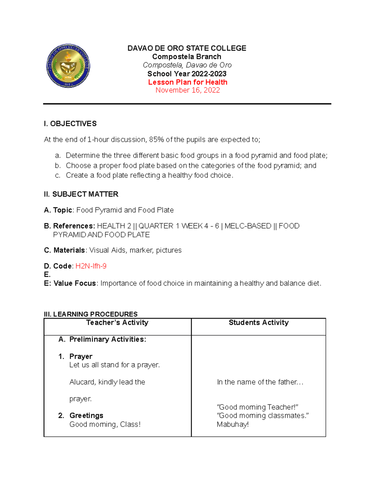 H2N-Ifh - Lesson Plan: Understanding Food Pyramid & Plate Concepts ...