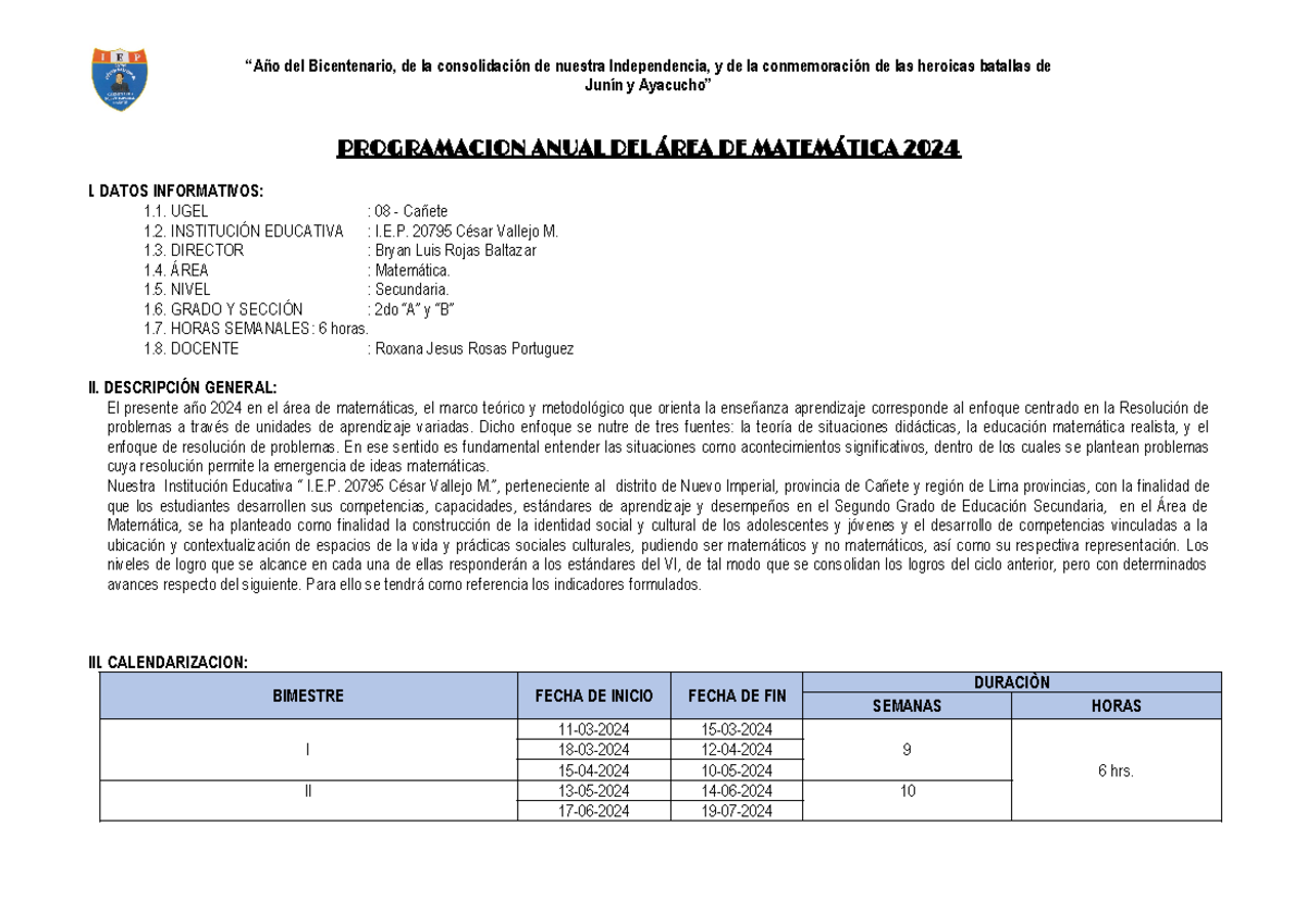 PCA 2 Grado 2024 - Matematica - Junín y Ayacucho” PROGRAMACION ANUAL ...