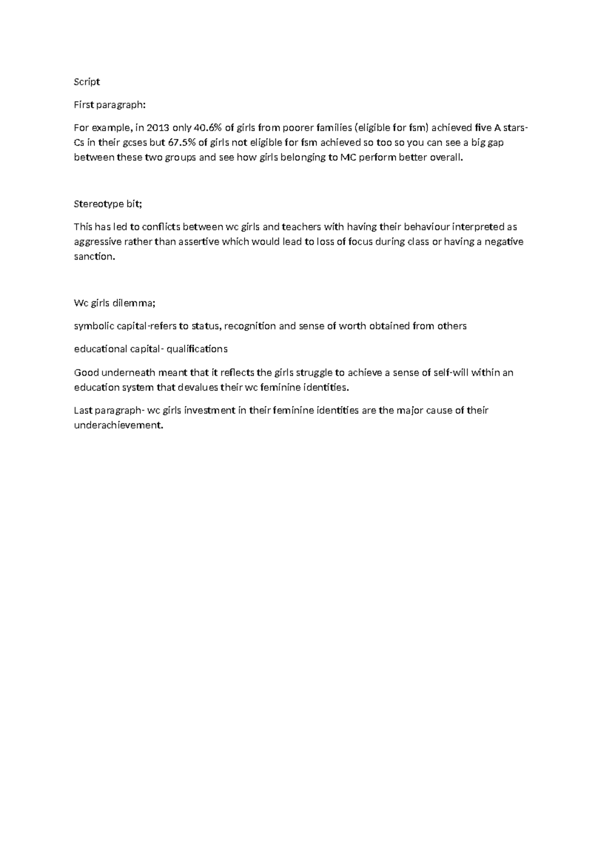 Script - Script First paragraph: For example, in 2013 only 40% of girls ...