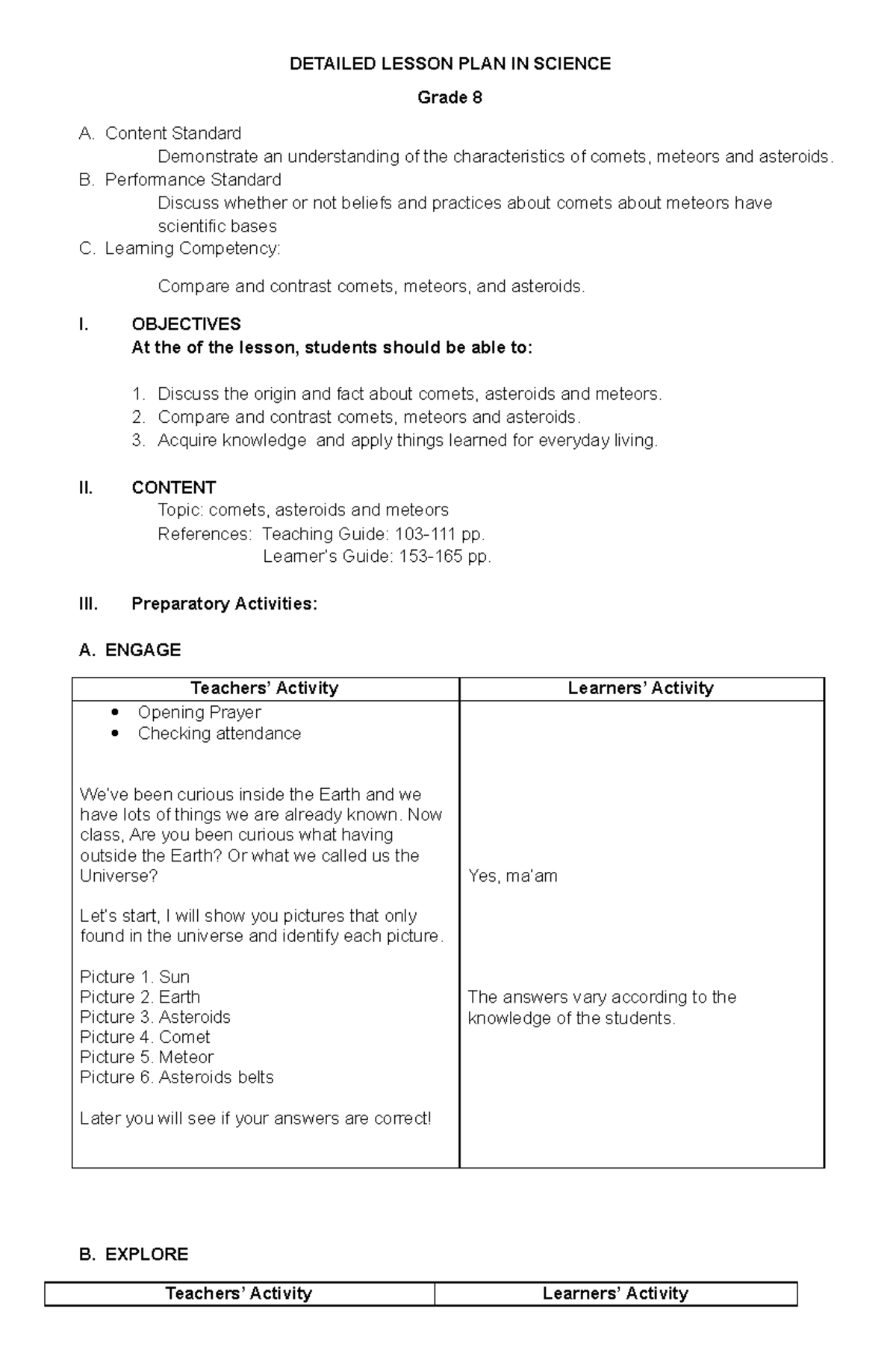 Detailed Lesson Plan: Understanding Comets, Meteors, & Asteroids (Grade ...