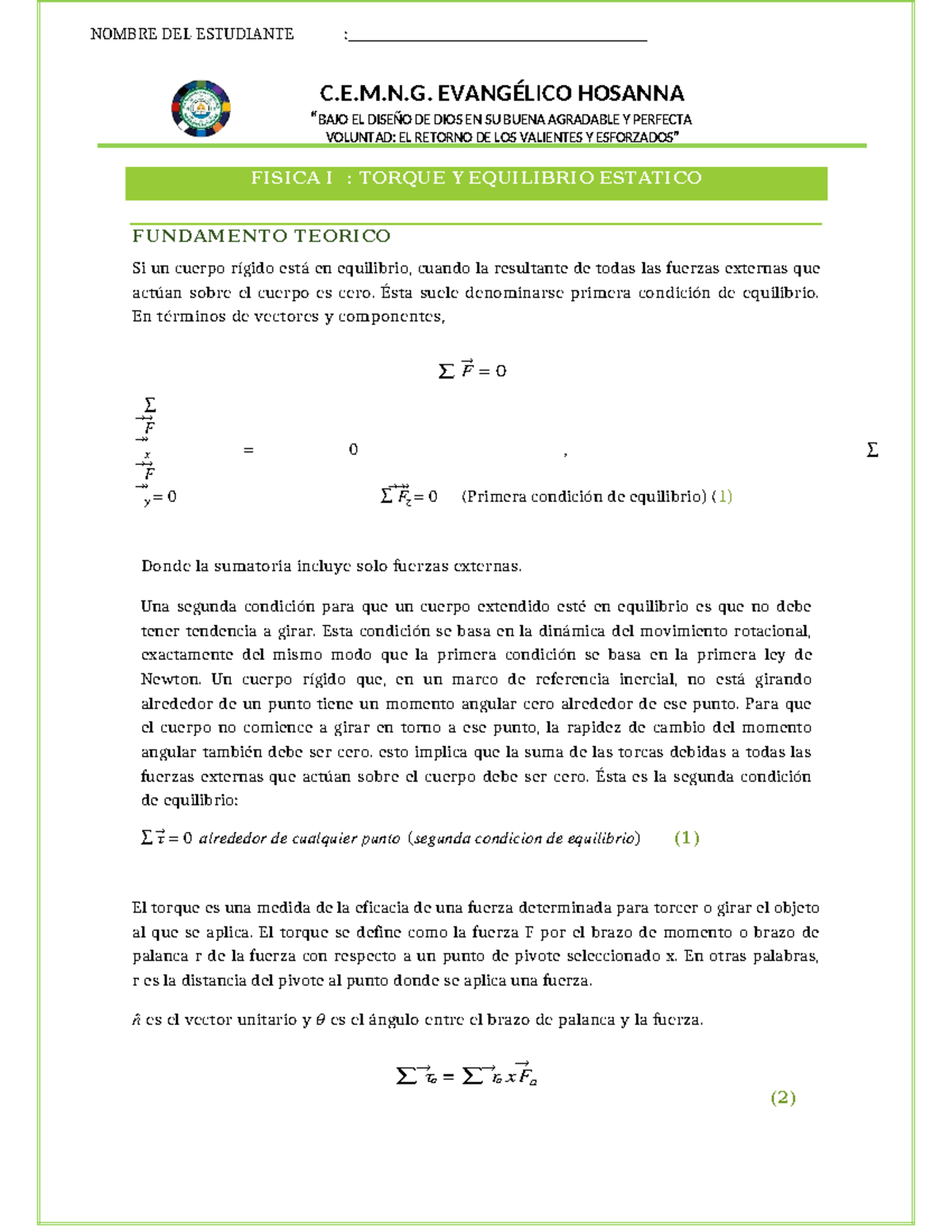 Laboratorio 2 - Equilibrio Estático y Torque en Física II - Studocu