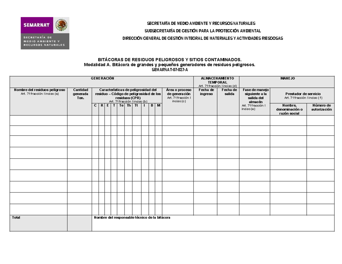 Bitácora de Residuos Peligrosos SEMARNAT-07-027A y Manejo Ambiental - Studocu