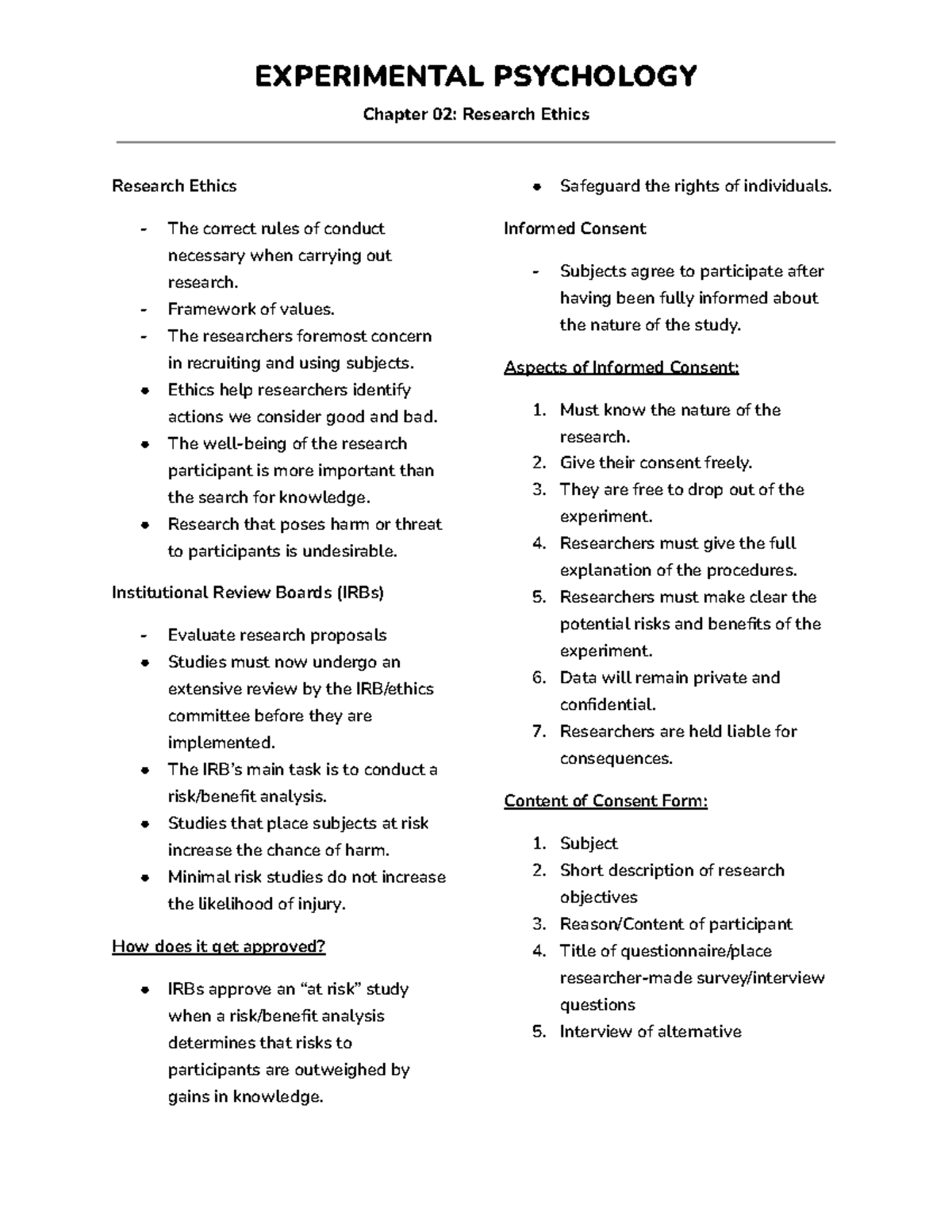 Experimental Psychology (PSY 101) Chapter 02: Research Ethics Overview - Studocu