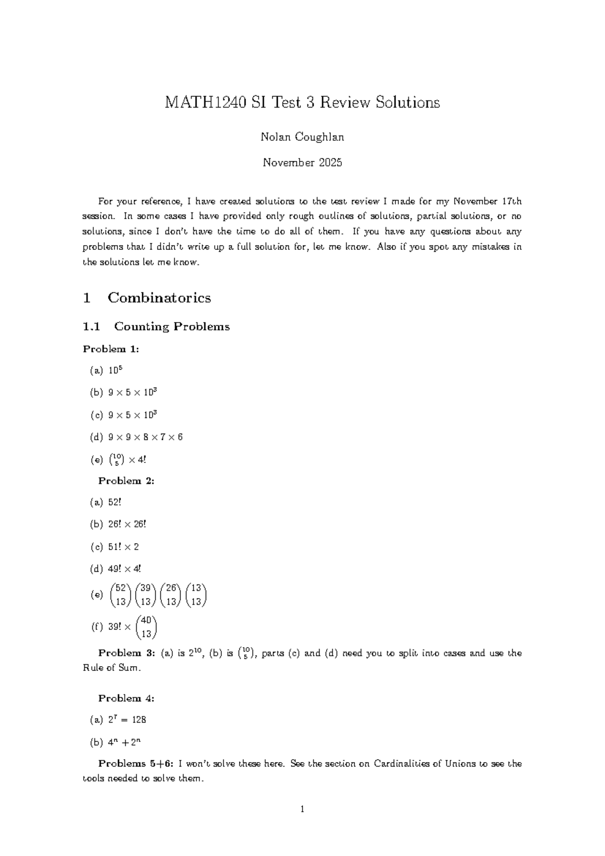 MATH1240 SI Test 3 Review Solutions - Combinatorics & Graph Theory ...