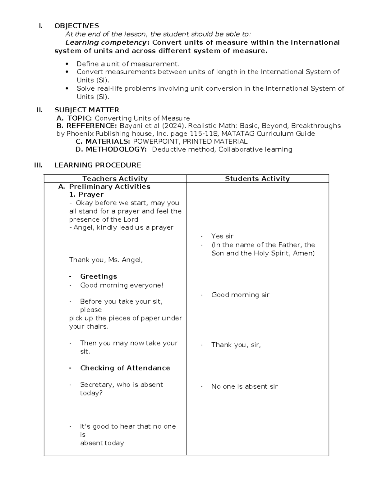 Converting Units of Measure in SI: Lesson Plan and Evaluation - Studocu