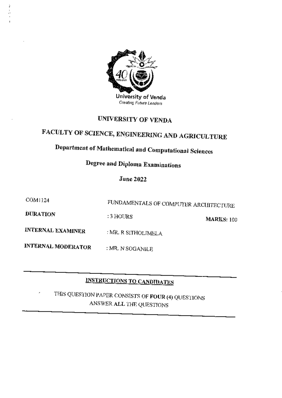 COM1124 Final Exam: Fundamentals of Computer Architecture - Studocu