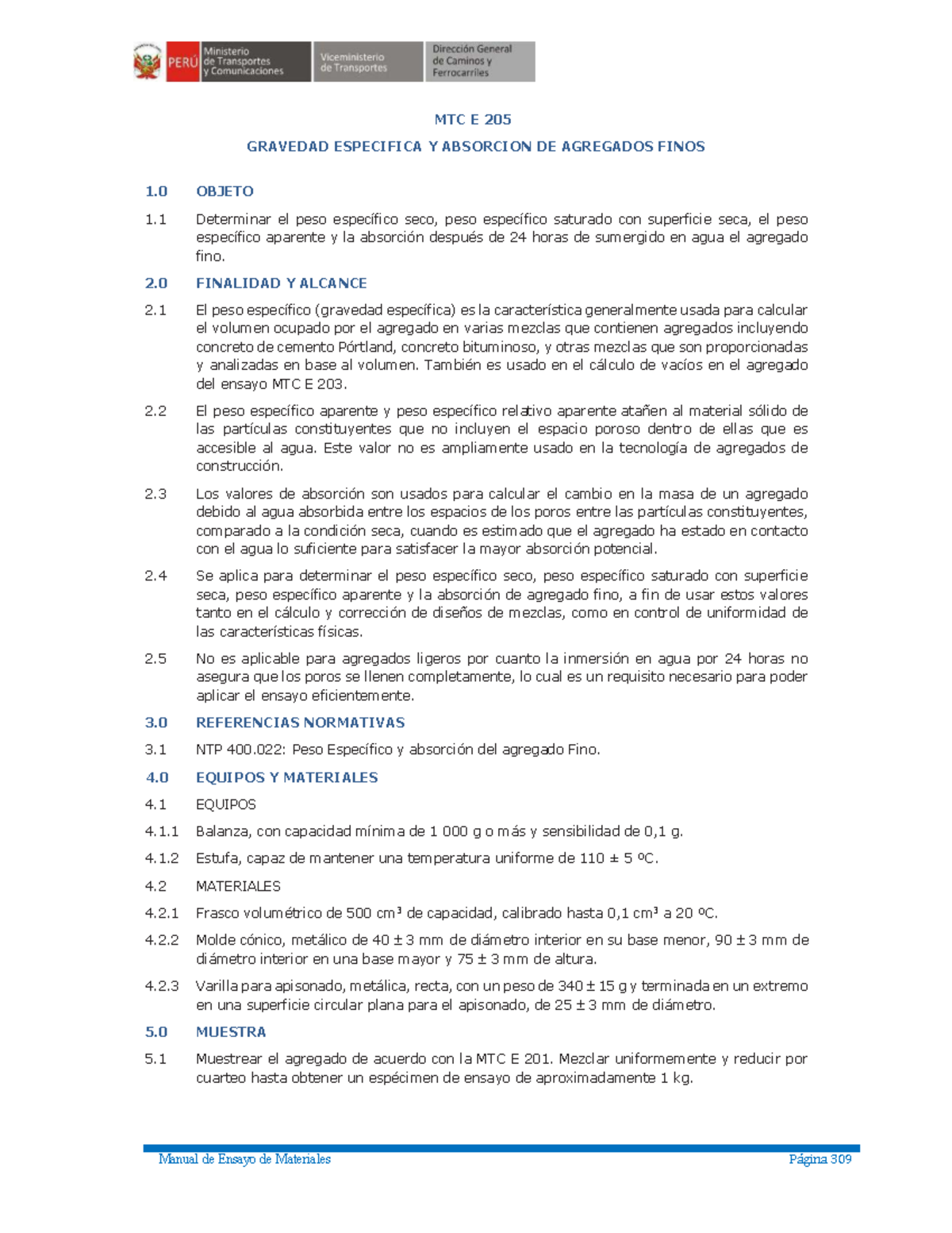 MTC E 205 y E 206: Peso Específico y Absorción de Agregados Finos y Gruesos - Studocu