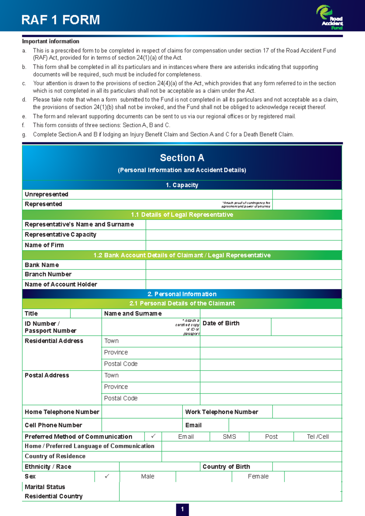 RAF 1 Form 09June2021 - Section A (Personal Information and Accident ...