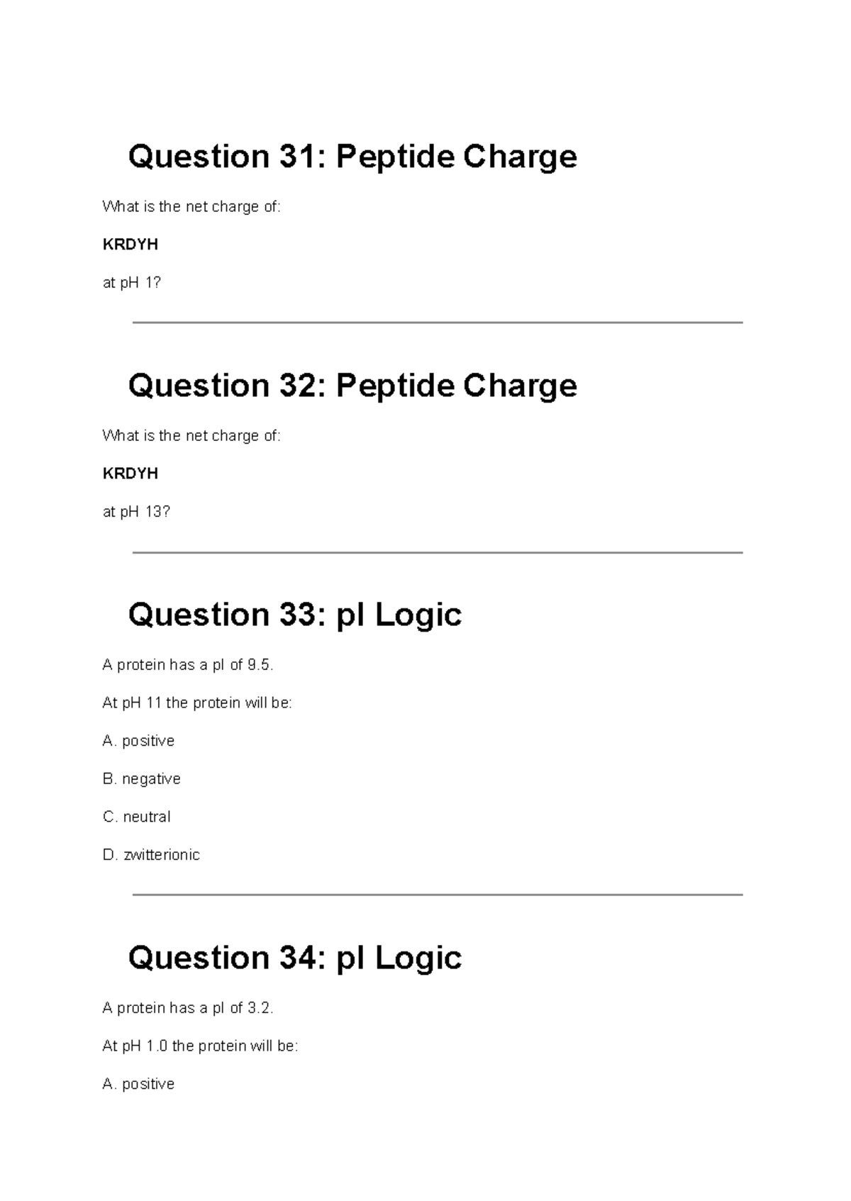 BCH2333 Practice: Peptide Charge, pI Logic, Buffers & Lipids - Studocu