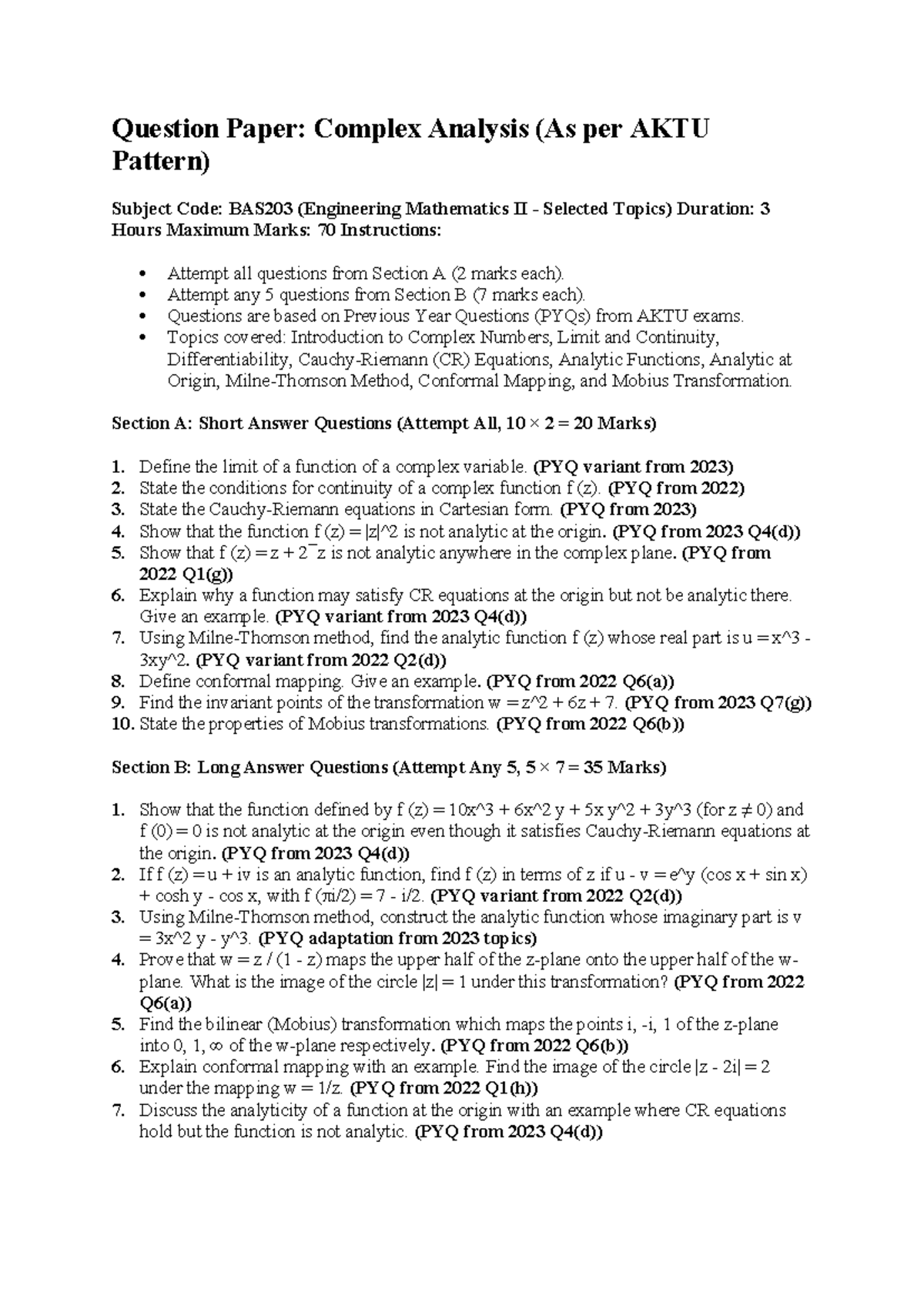 Complex Analysis Question Paper: BAS203 (Engg Math II) - AKTU Pattern ...
