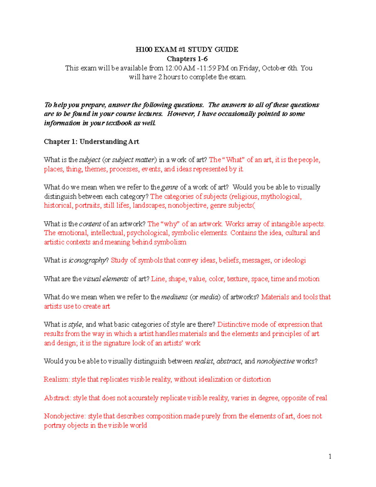 H100 Art Appreciation Exam 1 Study Guide: Key Concepts and Topics - Studocu