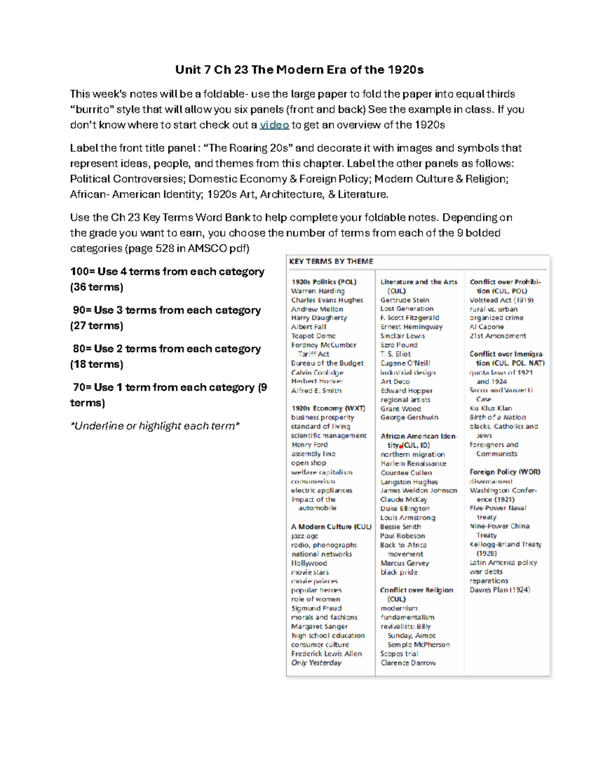 Unit 7 Ch 23 The 1920s Foldable Notes - Unit 7 Ch 23 The Modern Era of ...