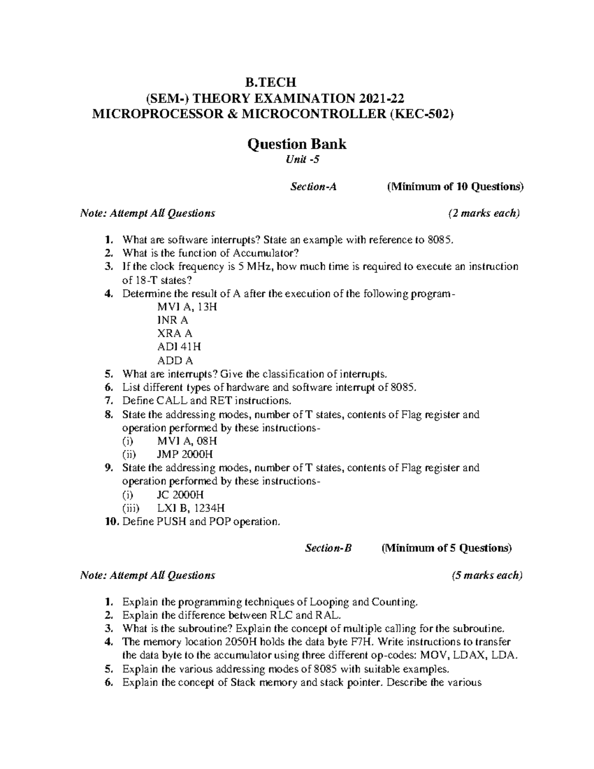 Question Bank UNIT 2 - none - B (SEM-) THEORY EXAMINATION 2021- MICROPROCESSOR & MICROCONTROLLER ...