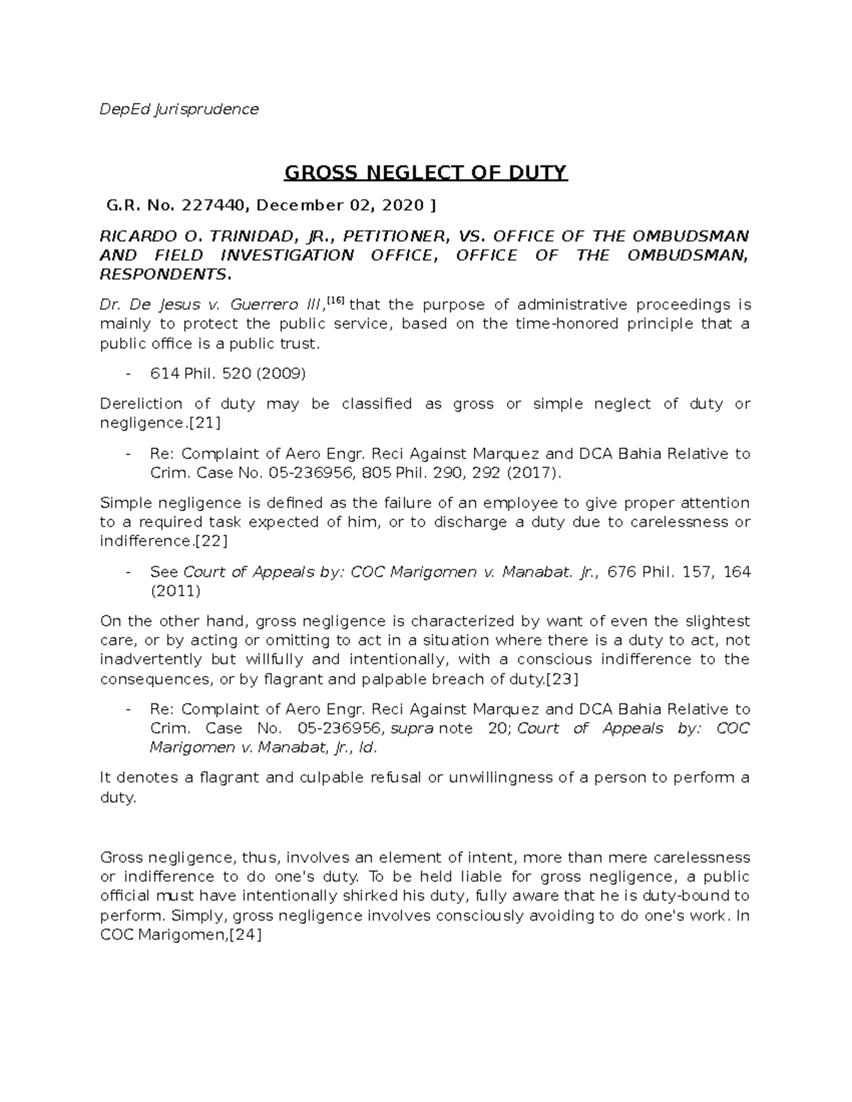 Dep Ed Doctrines - law - DepEd Jurisprudence GROSS NEGLECT OF DUTY G ...
