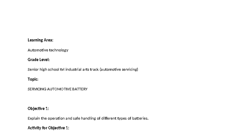Automotive Servicing: Battery Handling & Testing - BTVTED 3A - Studocu