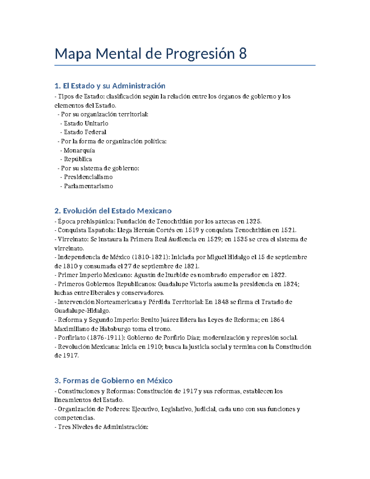 Mapa Mental Progresion 8 - Mapa Mental de Progresión 8 1. El Estado y su Administración - Tipos ...