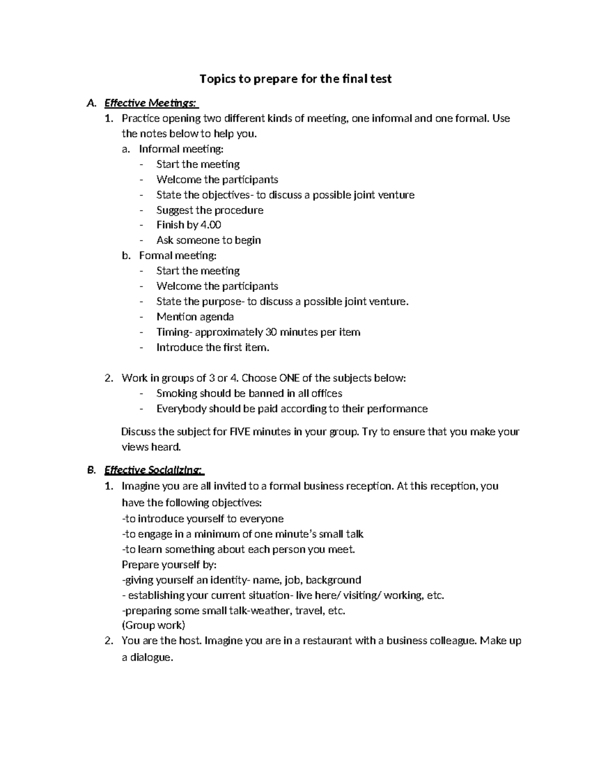 Final Test Prep: Effective Meetings & Socializing, BC - Studocu