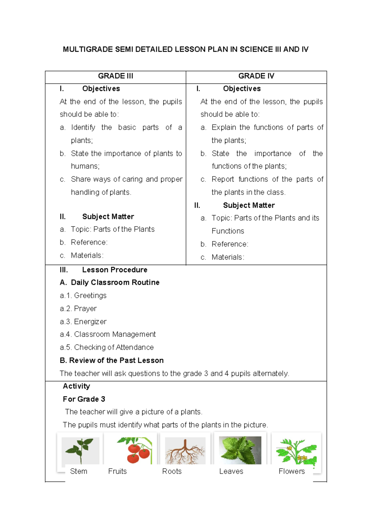 Multigrade Semi-Detailed Lesson Plan in Science I & II: Plant Parts and ...