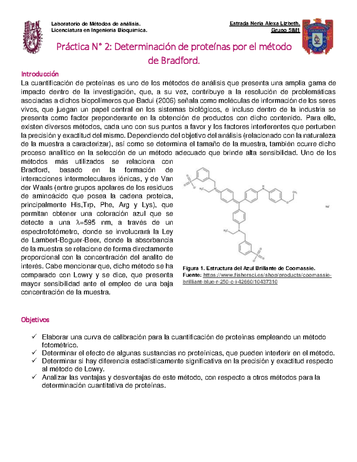 P2. Métodos de Análisis: Cuantificación de Proteínas por Bradford ENCB - Studocu