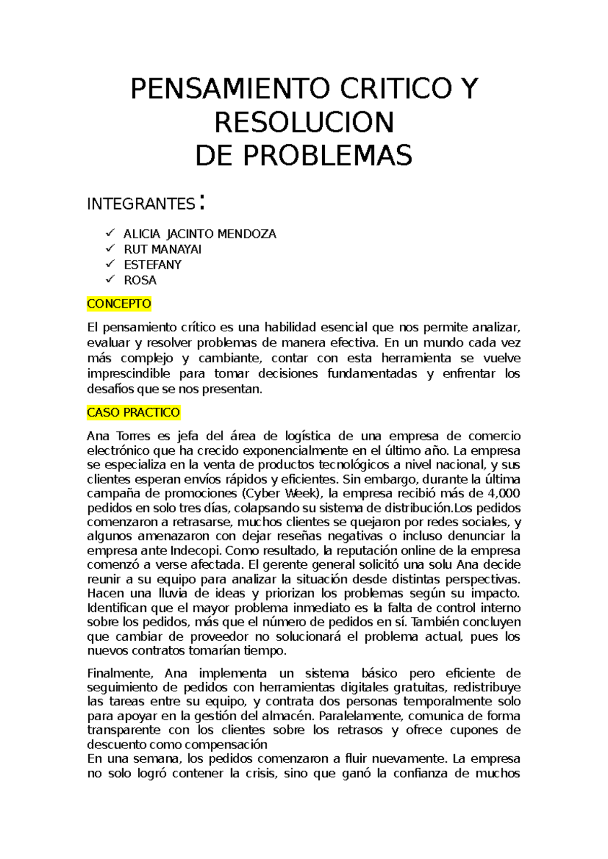 PENSAMIENTO CRÍTICO Y RESOLUCIÓN DE PROBLEMAS: CASO PRÁCTICO - Studocu