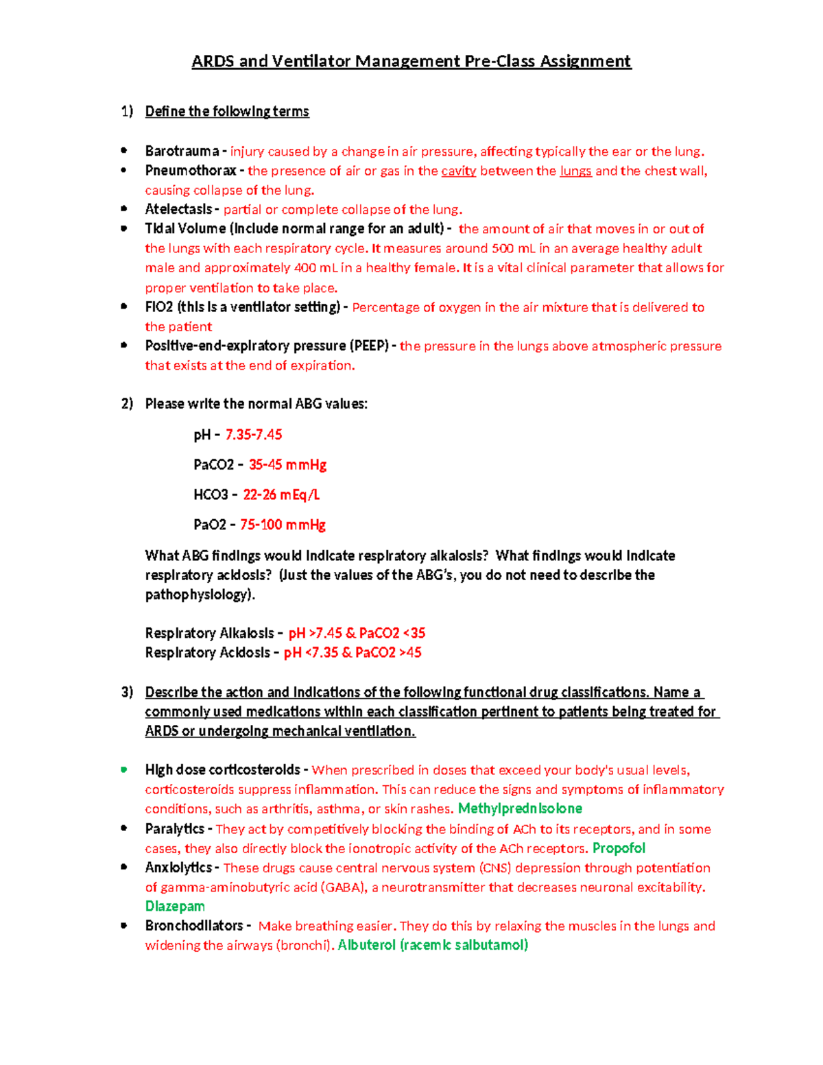 ARDS and Ventilator Management Preclass Assignment: Key Terms & ABG ...
