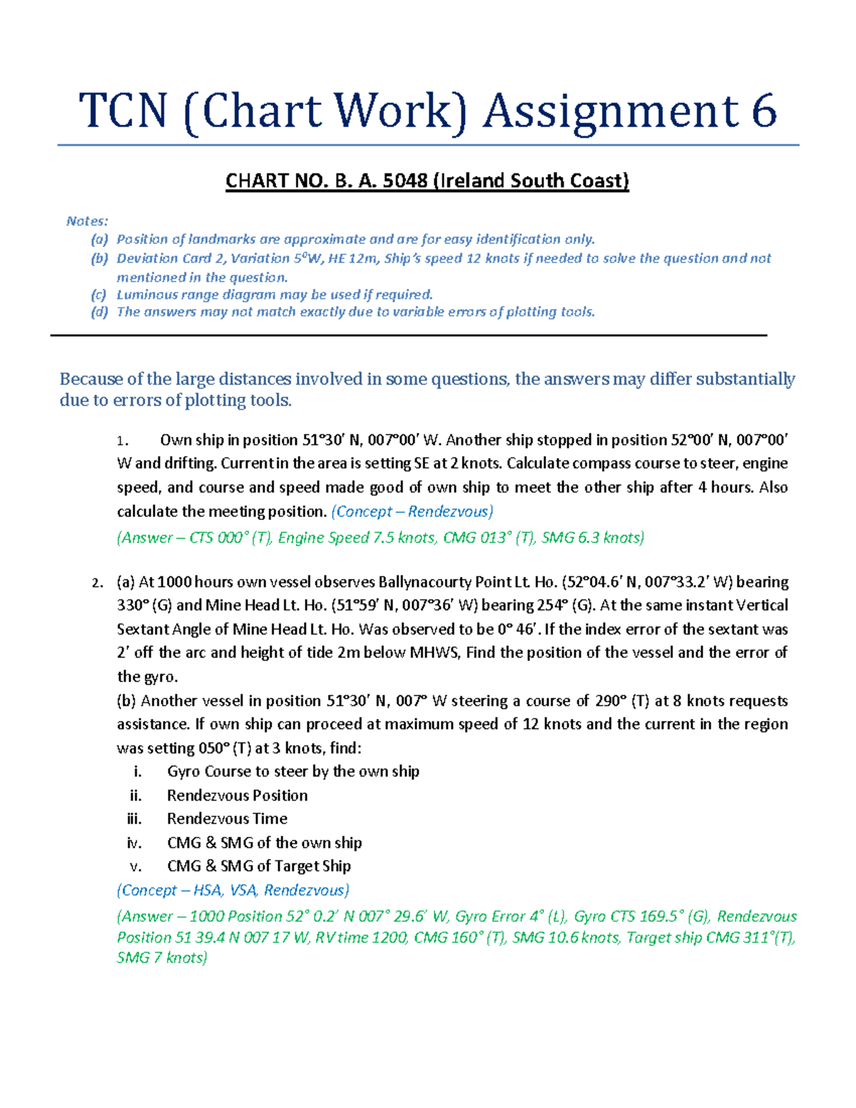 TCN Chart Work Assignment 6: Navigational Calculations & Concepts - Studocu