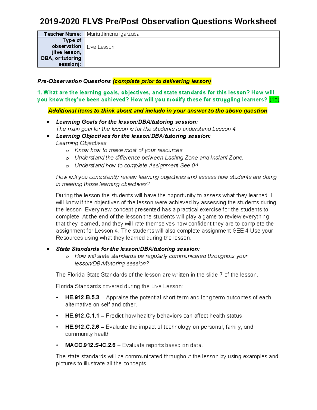 2019 Pre-Observation Question Worksheet - 2019-2020 FLVS Pre/Post ...
