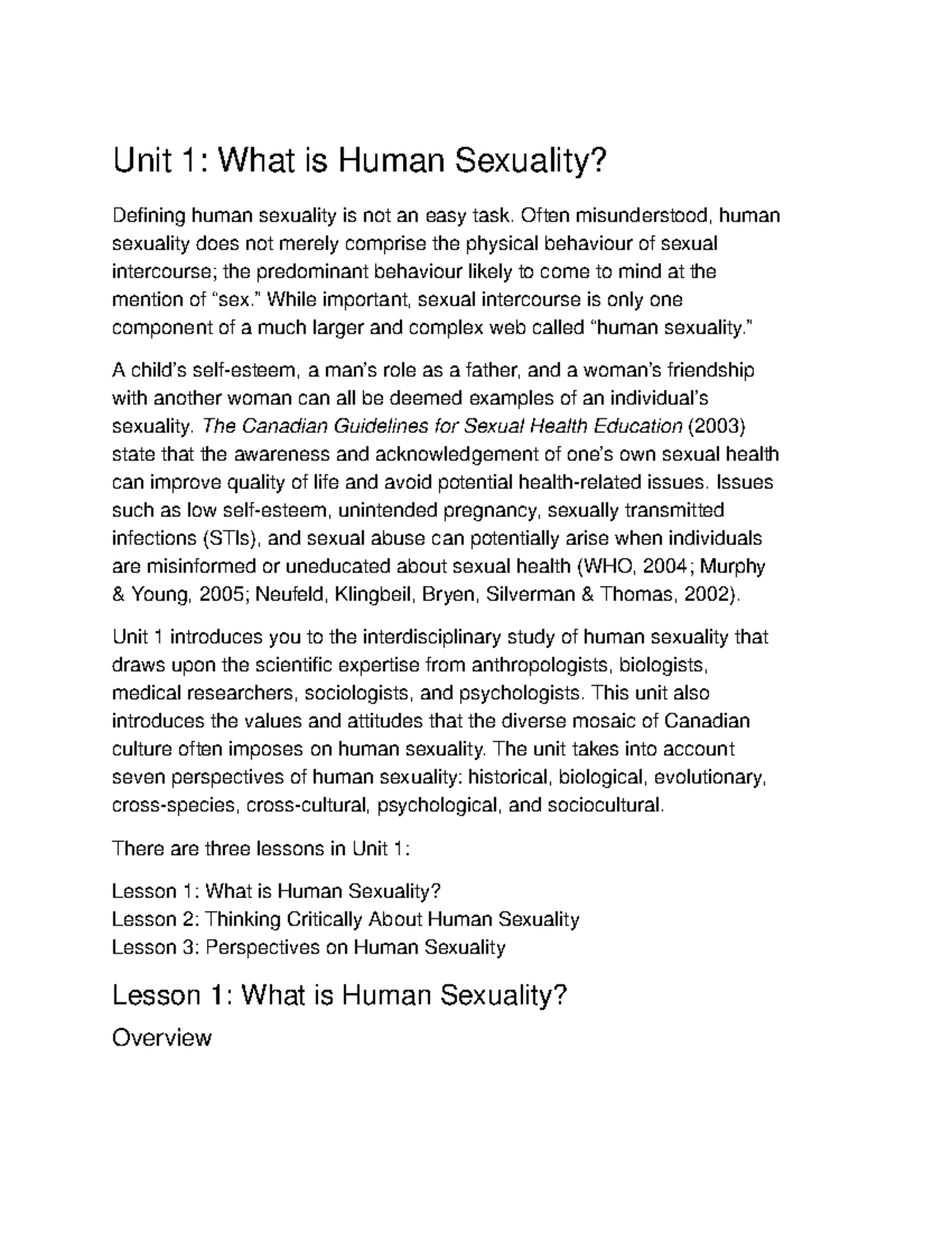 Unit 1 Stuidy Guide - Unit 1: What is Human Sexuality? Defining human ...