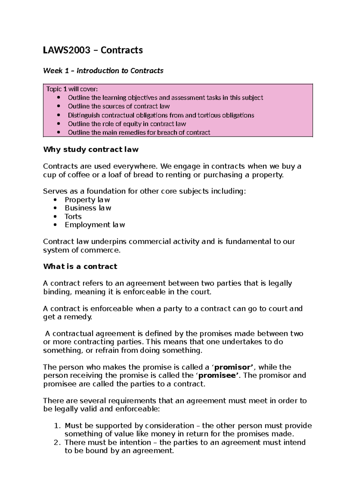 LAWS2003 Contracts Week 1: Intro to Contract Law & Key Concepts - Studocu