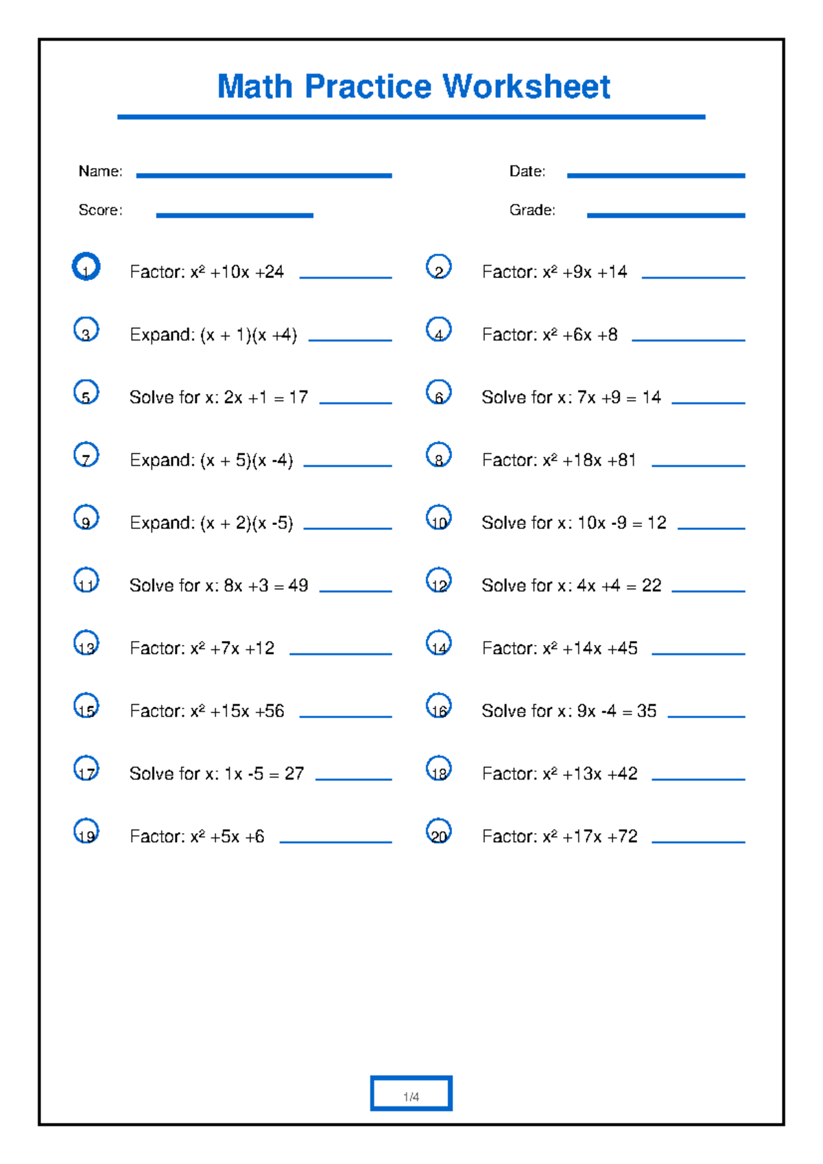 Math Practice Worksheet 1: Factoring, Expanding, and Solving for x ...