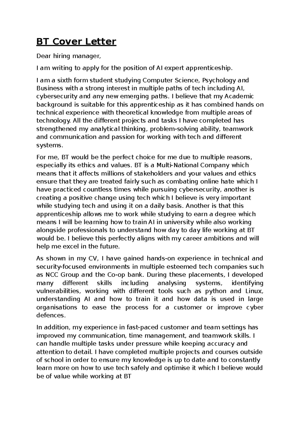 BT Cover Letter for AI Expert Apprenticeship Application - Studocu
