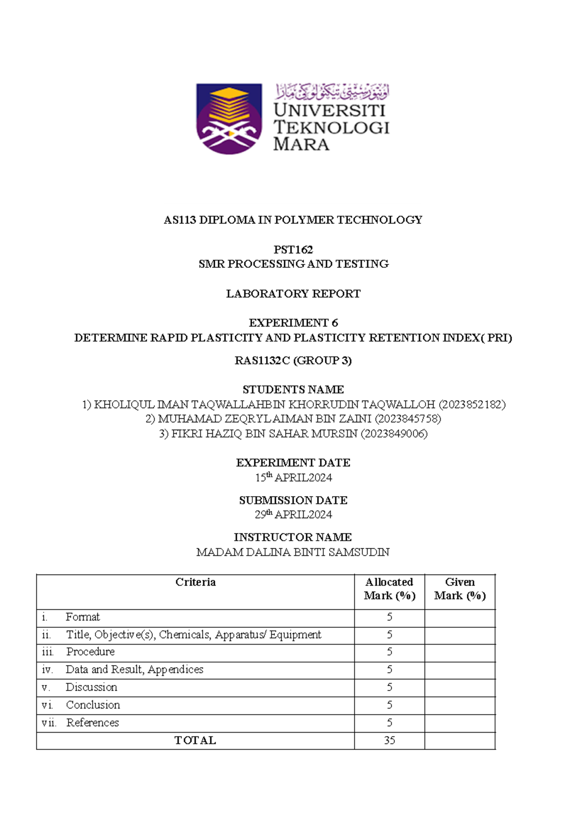 PST EXMP 6 - Laboratory Report on Rapid Plasticity & PRI Determination ...
