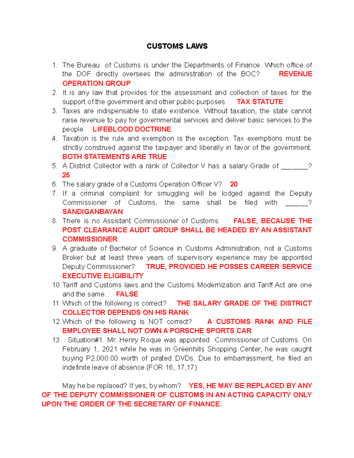 Customs LAWS - For practice - CUSTOMS LAWS The Bureau of Customs is ...