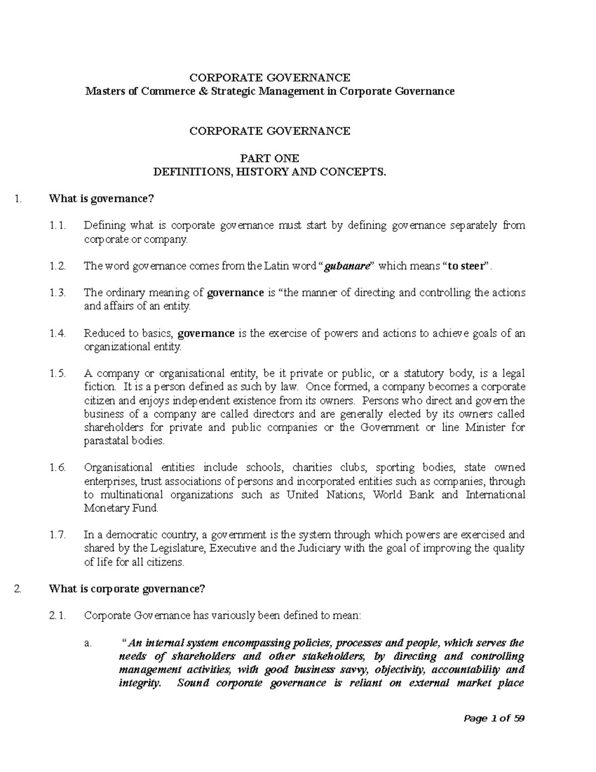 Corporate Governance notes Revised Notes - CORPORATE GOVERNANCE Masters ...