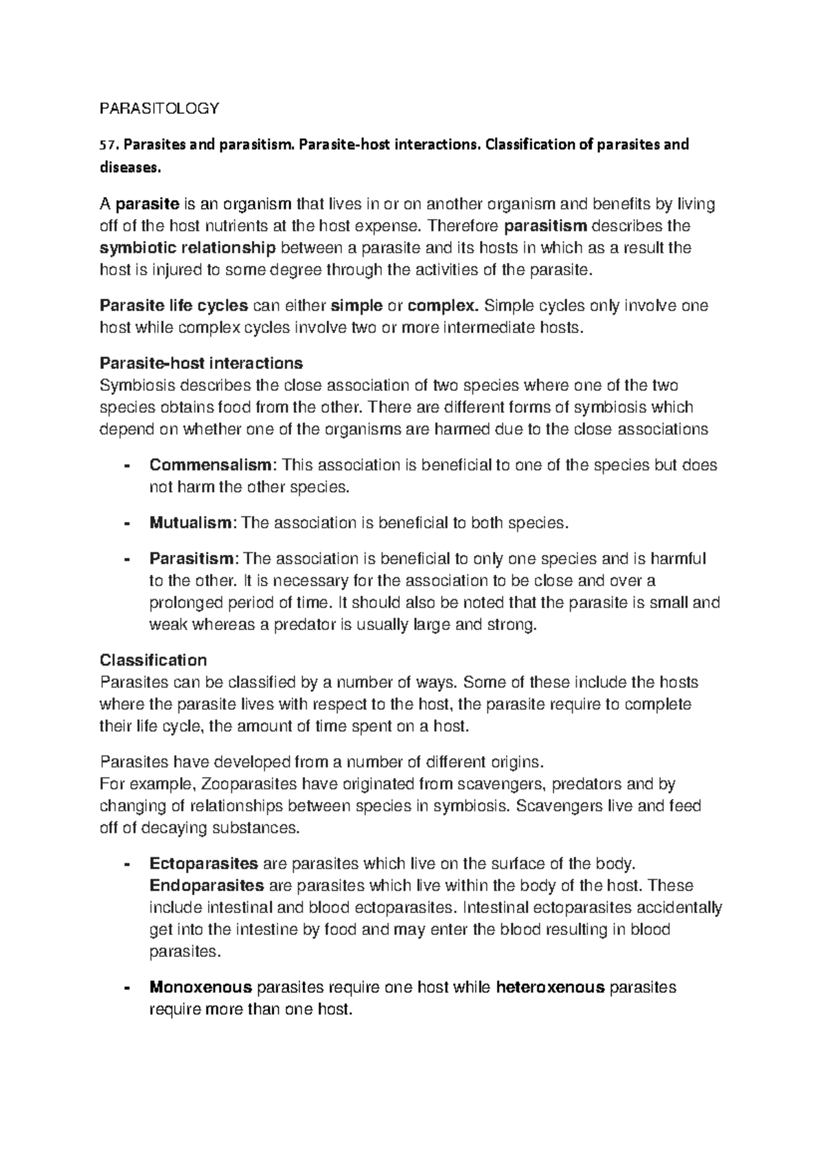 PARASITOLOGY 57: Summary of Parasites, Classification, and Interactions ...