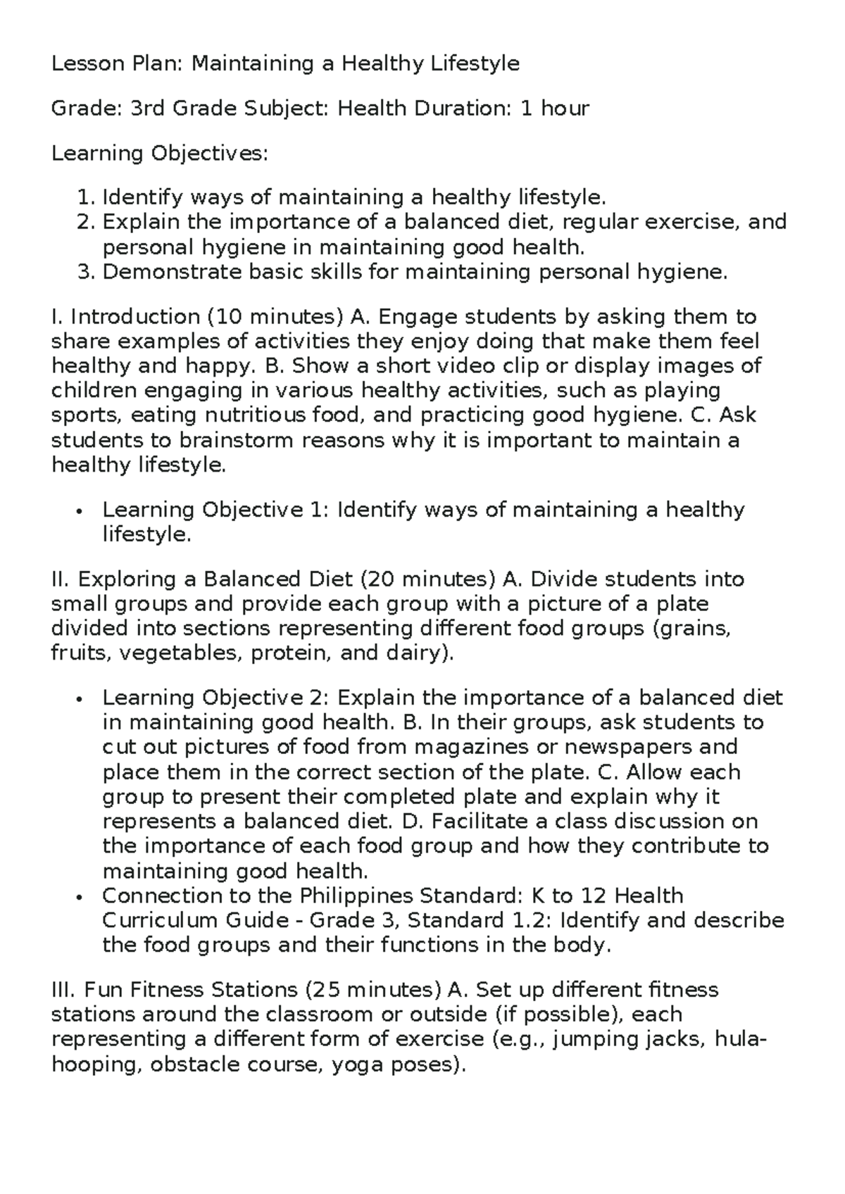 Health Lesson Plan: Promoting a Healthy Lifestyle for 3rd Grade - Studocu
