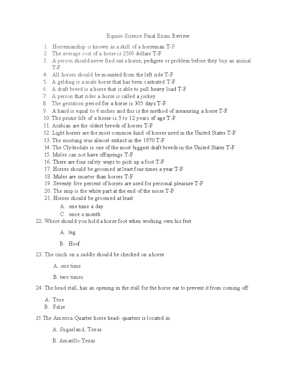 Equine Science (EQSC 101) Final Exam Review Guide - Studocu