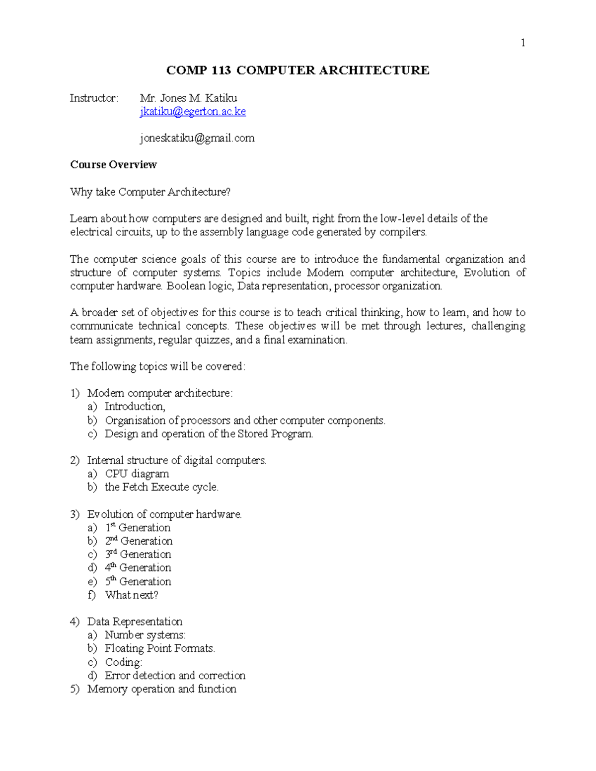 COMP 113 Computer Architecture Course Overview and Topics - Studocu