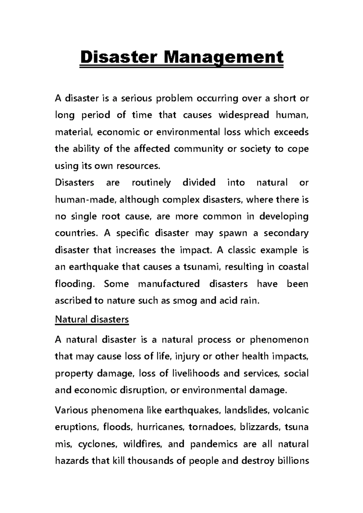 Disaster Management- Lecture Notes - Disaster Management A disaster is ...