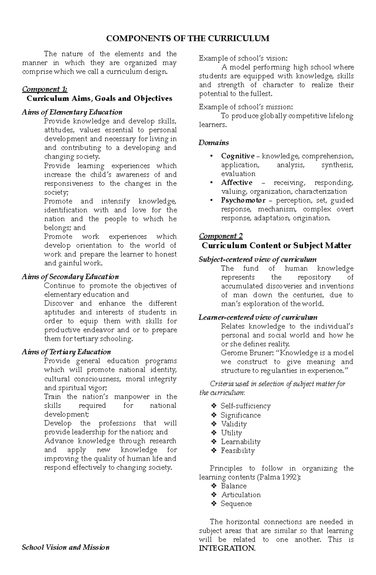Components OF THE Curriculum - COMPONENTS OF THE CURRICULUM The nature ...