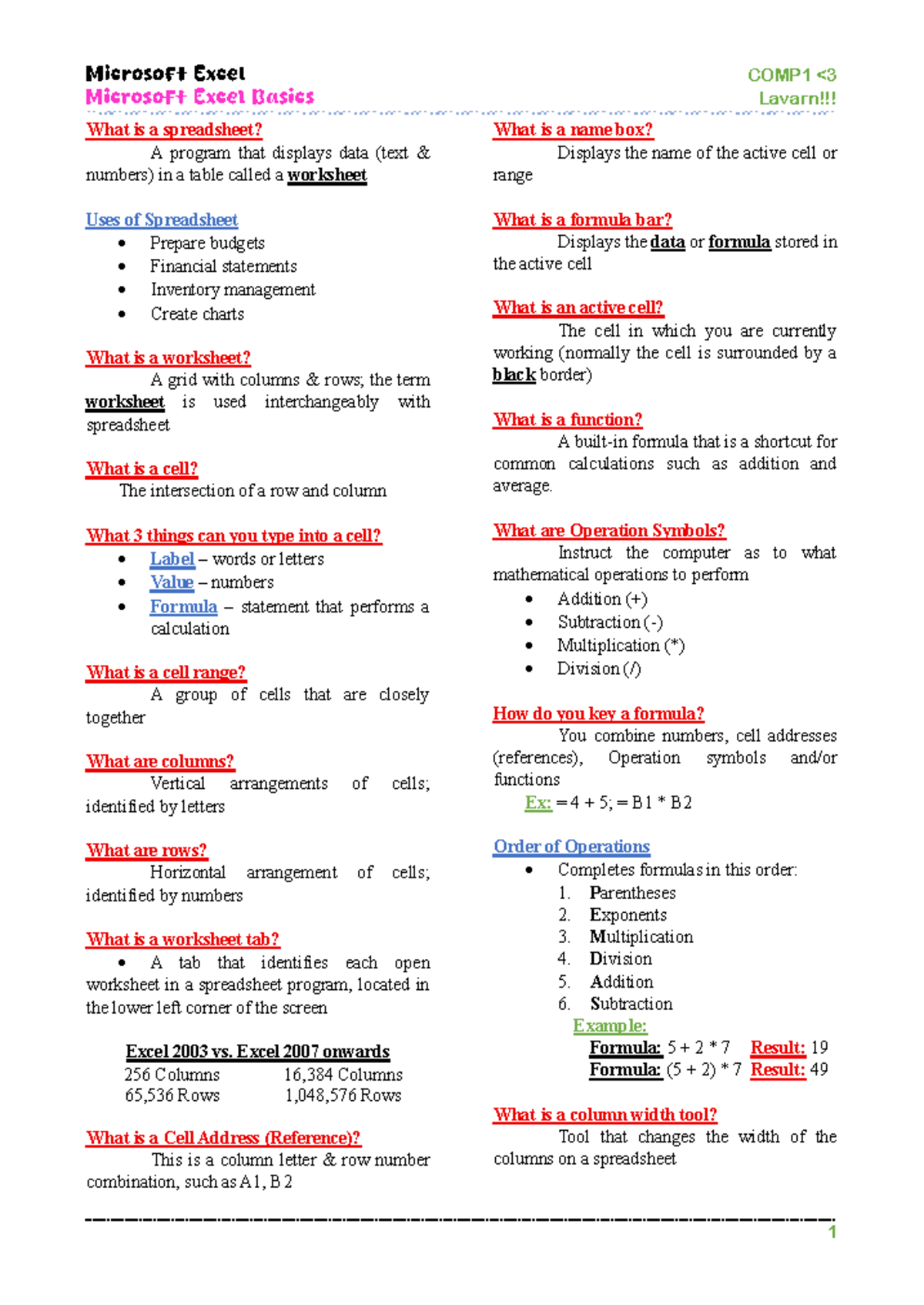 Midterm Study Guide: COMP1 - Understanding Spreadsheets and Excel - Studocu
