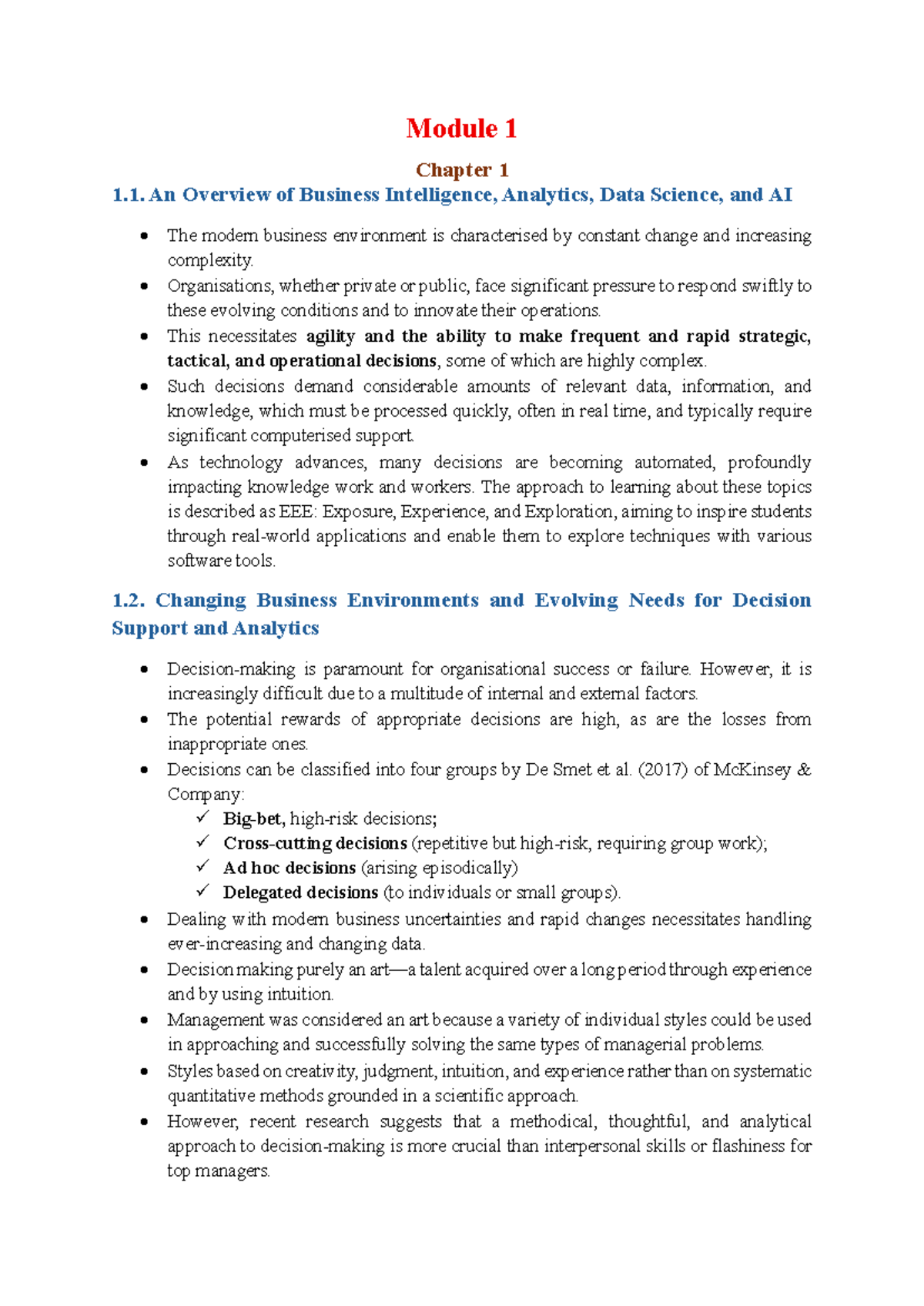 Module 1: Overview of Business Intelligence, Analytics, and AI - Studocu