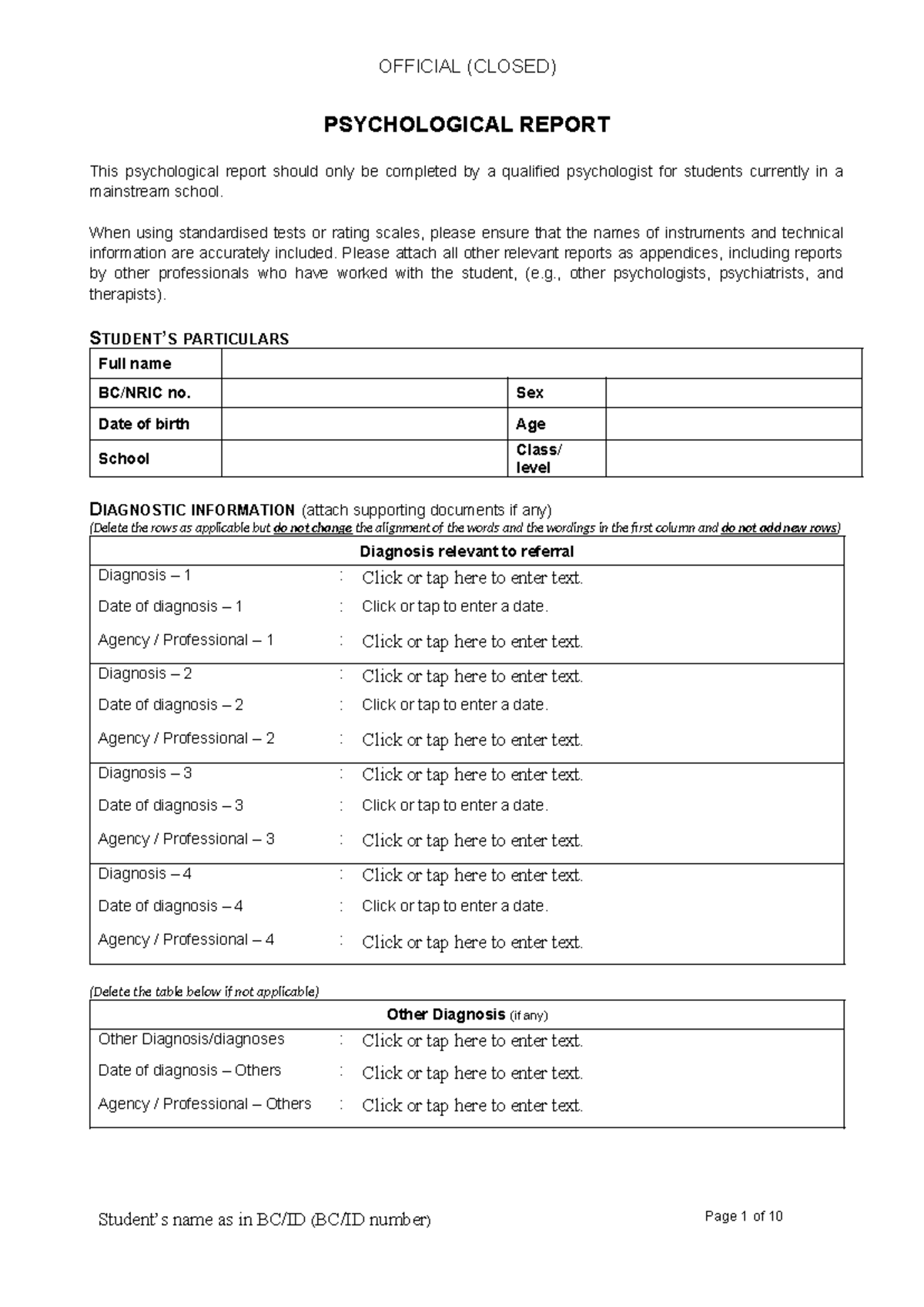 Psychological Report Template for Special Education Needs Assessment ...