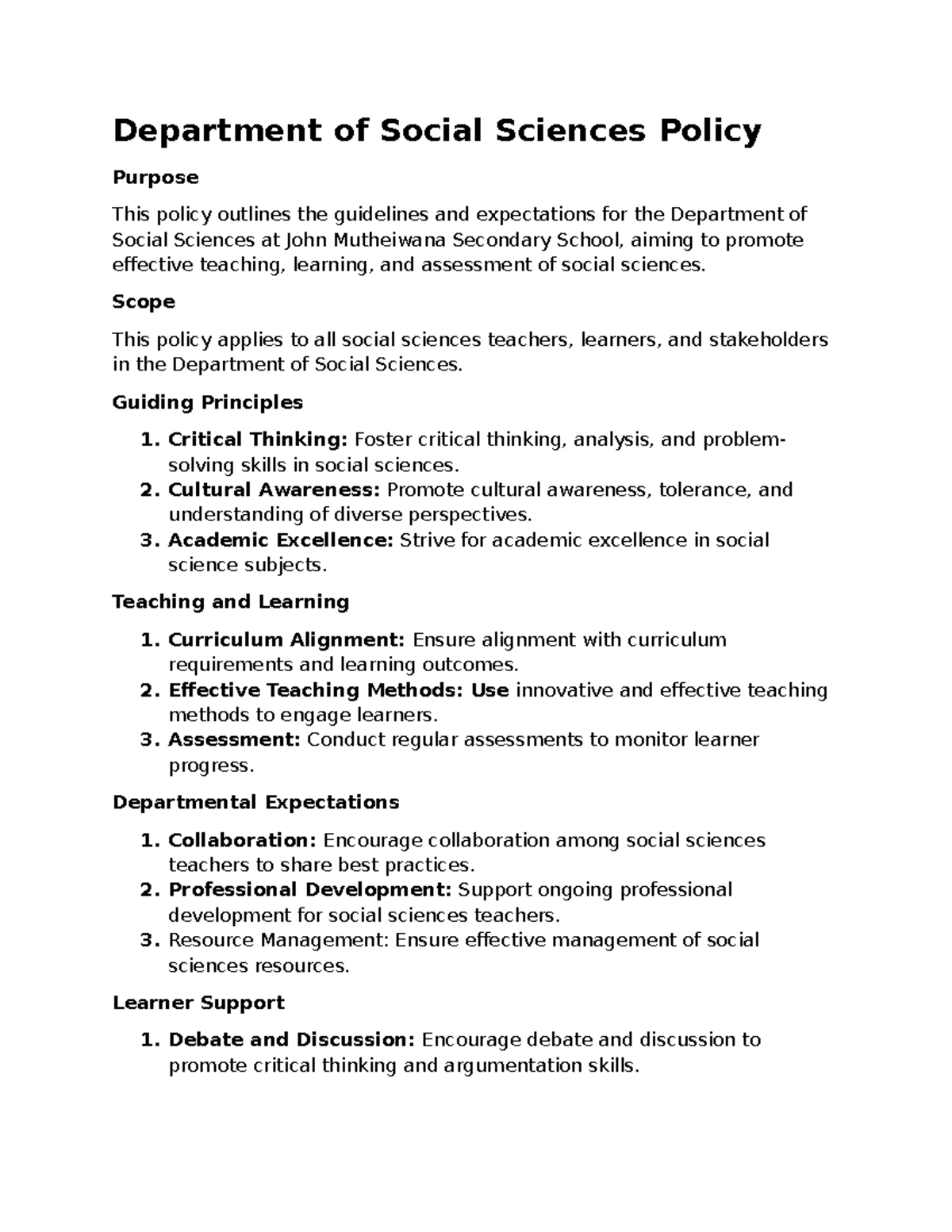 Social Sciences Policy Guidelines for Effective Teaching & Learning ...